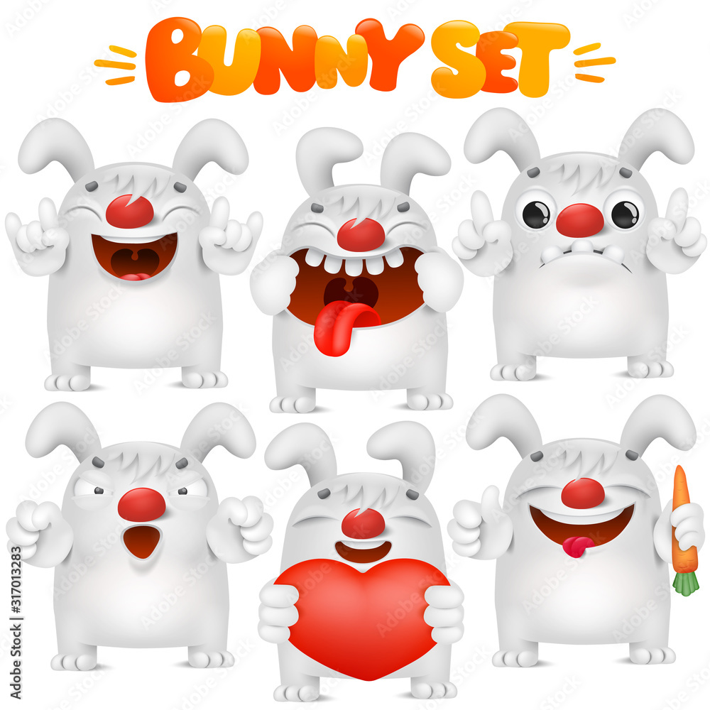 Cute white bunny cartoon emoji character in various emotions situations ...