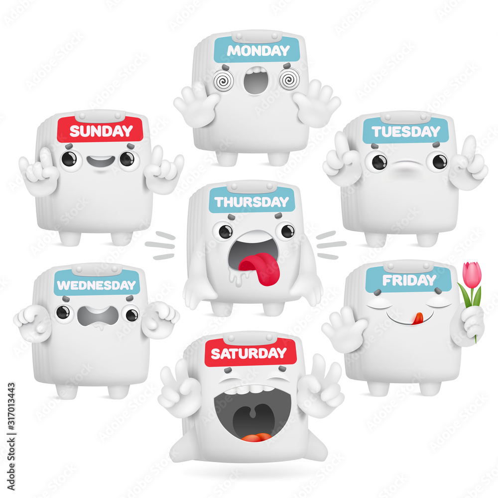 Cute emoji desk calendar cartoon emoji character Seven days a week set ...