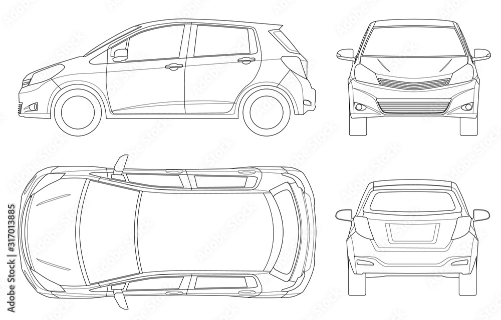 Subcompact hatchback car in outline. Compact Hybrid Vehicle. Eco ...