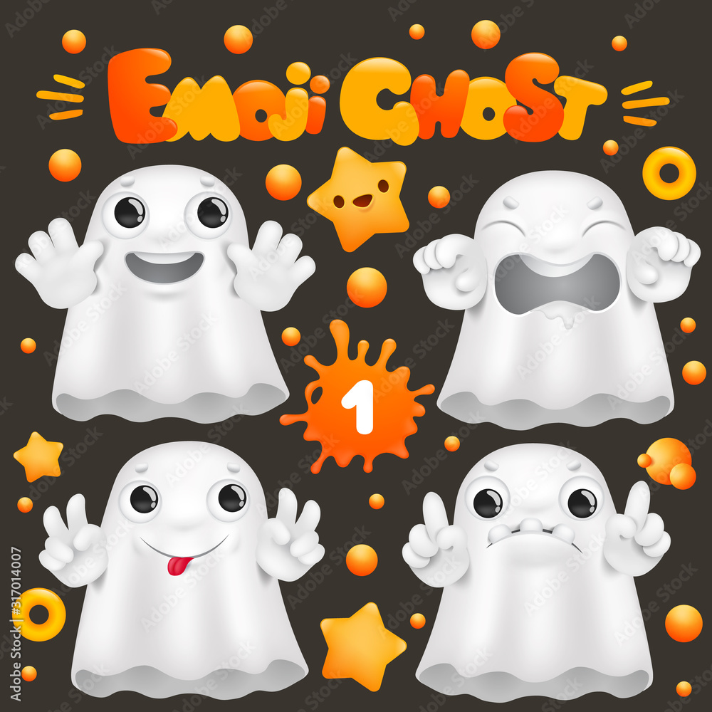 Cute ghost cartoon emoji 3d character in various emotions collection ...