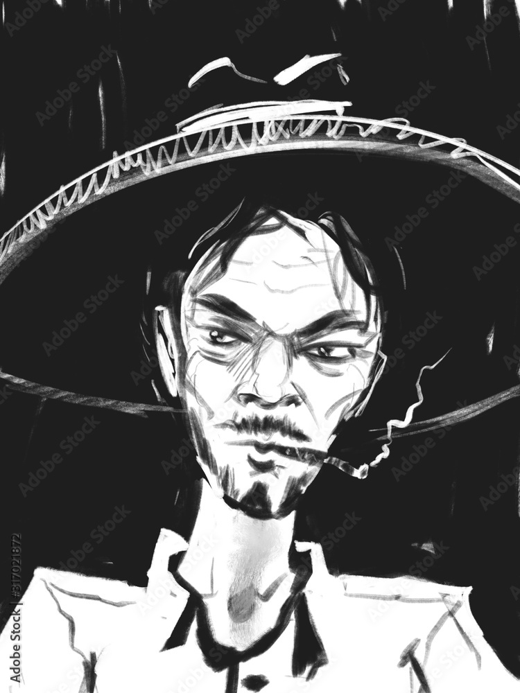 digital drawing of a wild west desperado smoking a cigar and looking ...