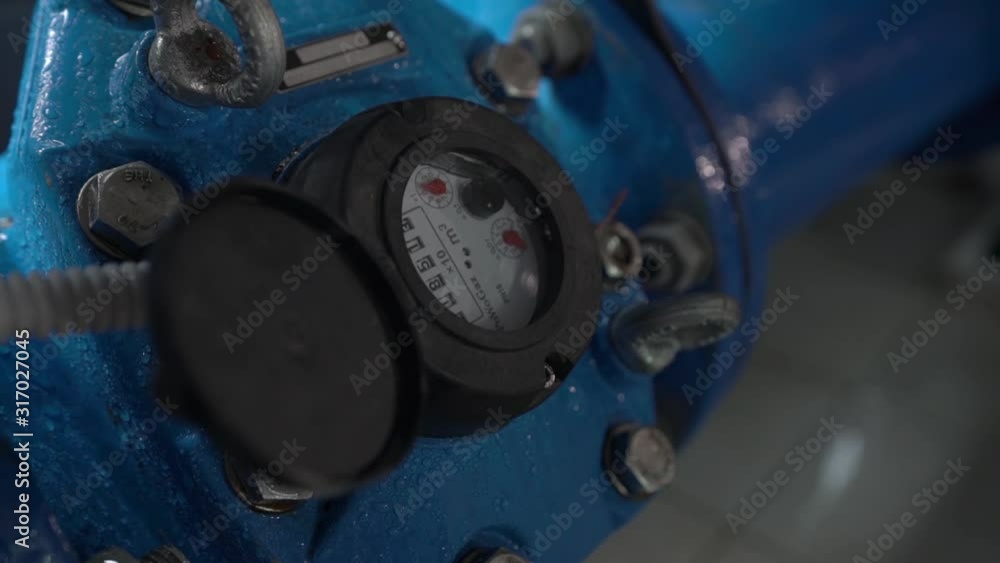 Industrial pipes water meter system equipment at the station of water ...