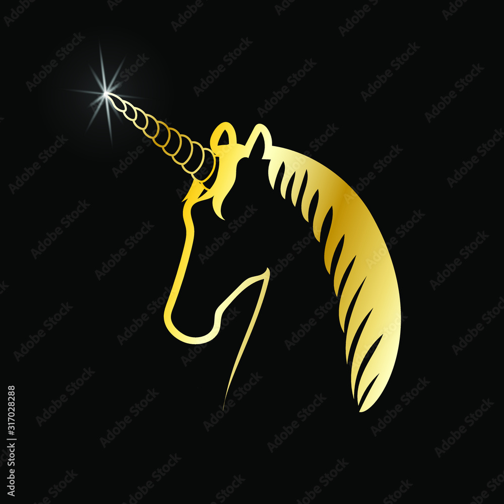 Unicorn head graphic icon. Golden unicorn sign Isolated on black ...