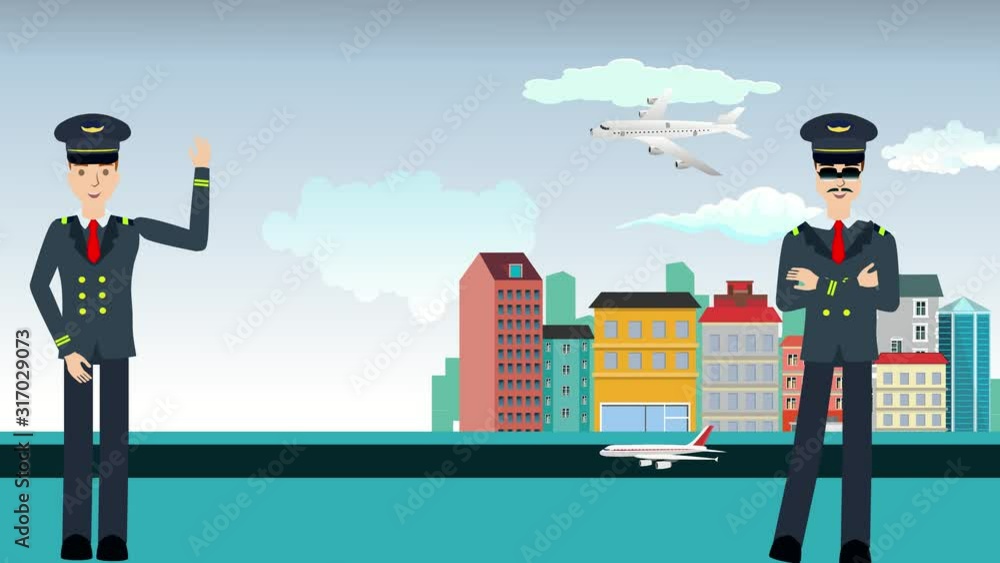 Airline crew and stewardess at the airport, 2d animation cartoon Stock ...