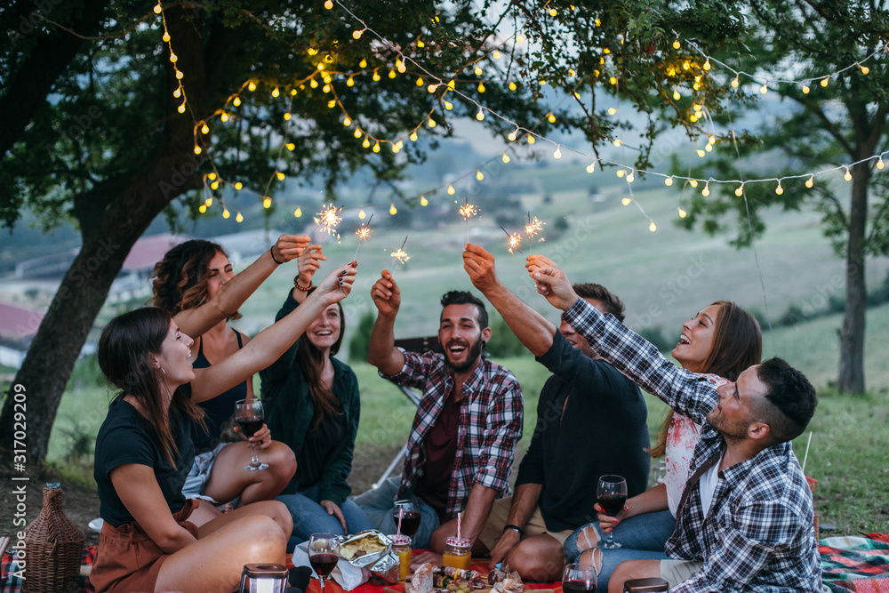 Group of happy millennials have fun with fire sparkles at picnic in ...