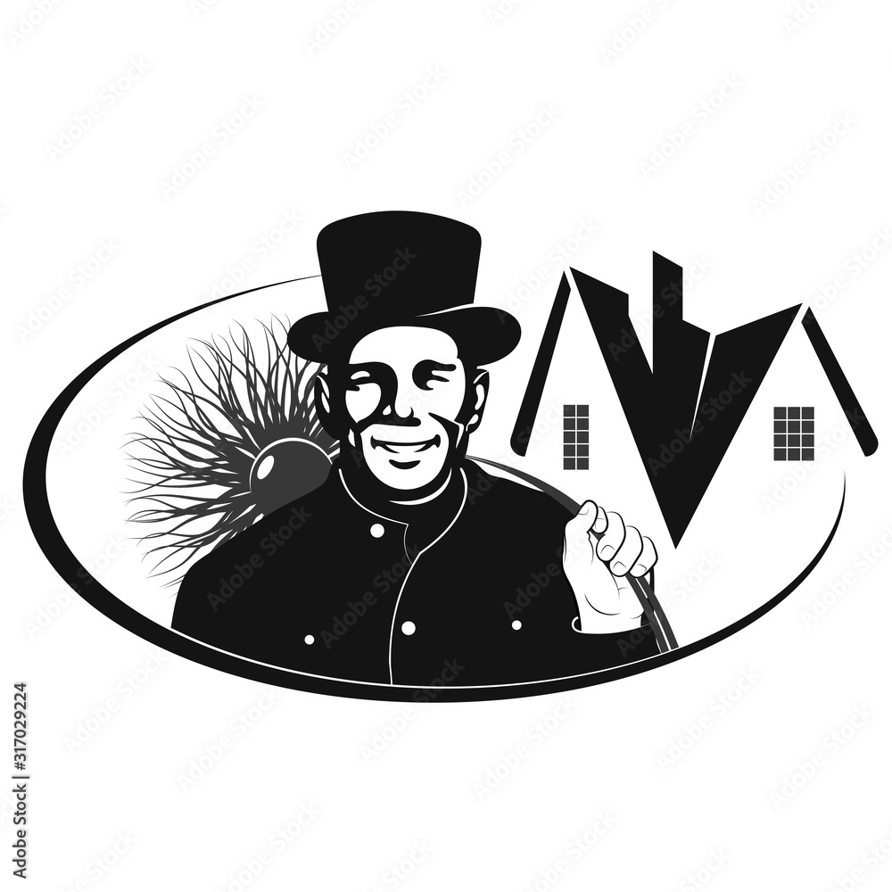 Chimney sweep in black uniform with tool and house roof symbol Stock ...