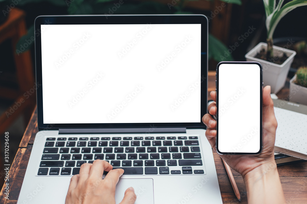 mockup image blank screen computer,cell phone with white background for ...