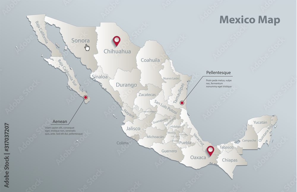 Mexico map, administrative division with names, blue white card paper ...