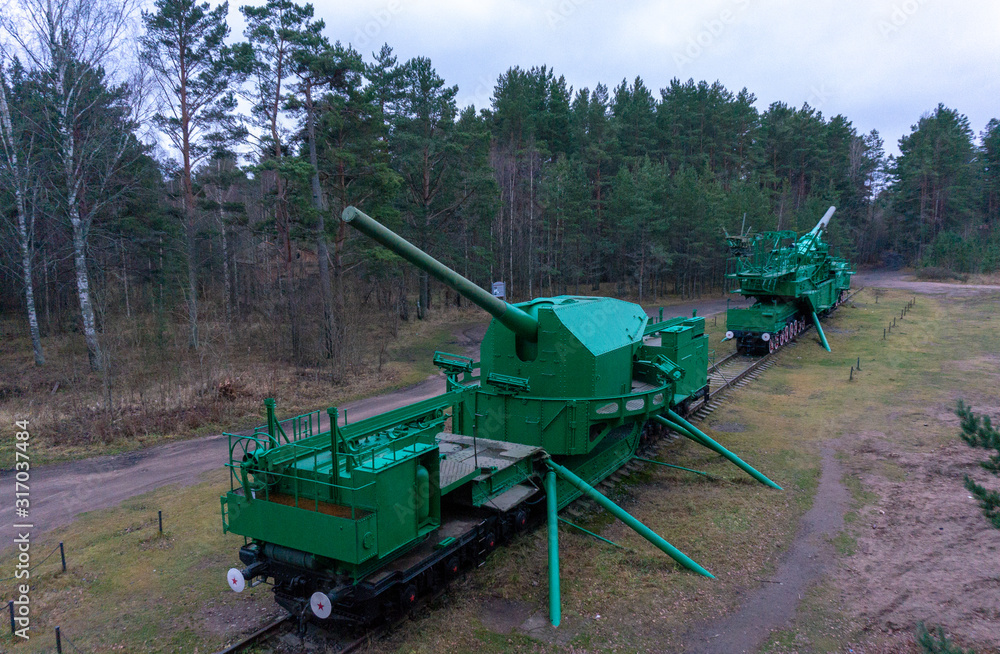 Large-caliber railway artillery gun. Fort Red Hill, Krasnaya Gorka ...
