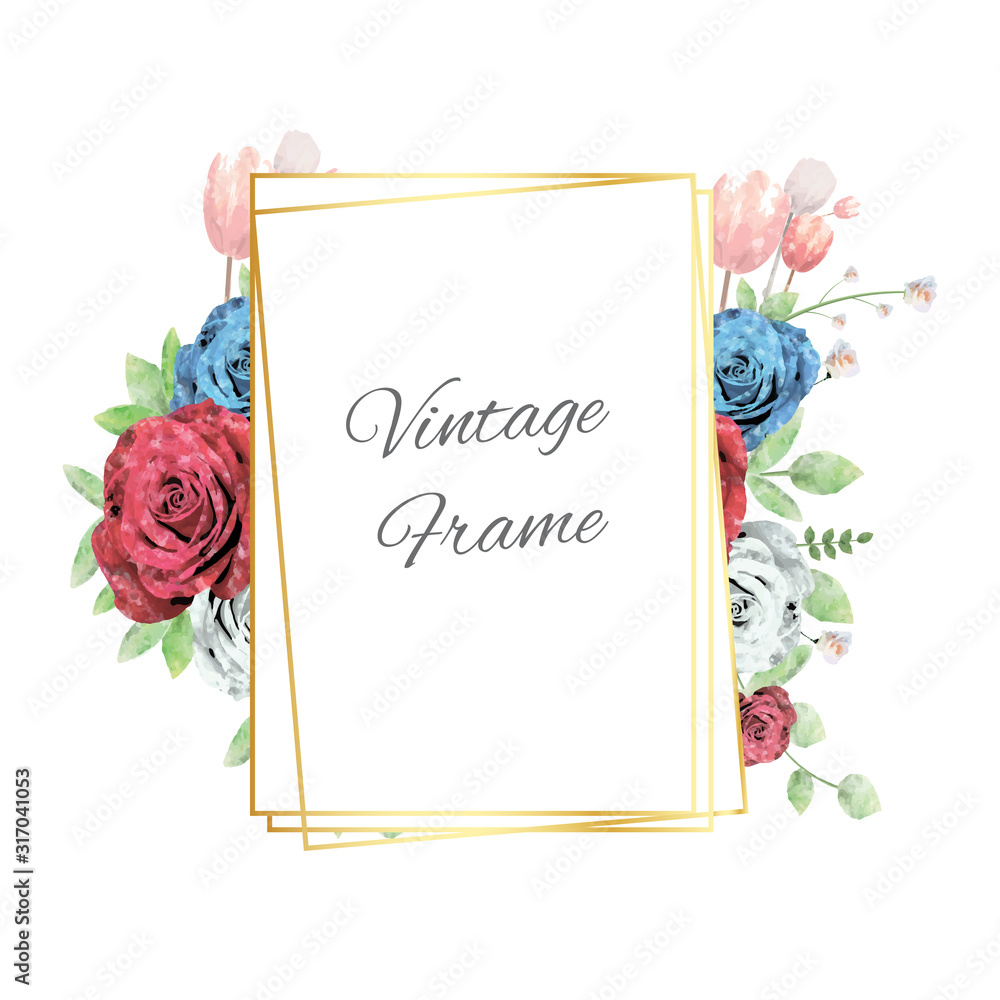 Golden rectangle frames with elegant watercolour flowers. Vector image ...
