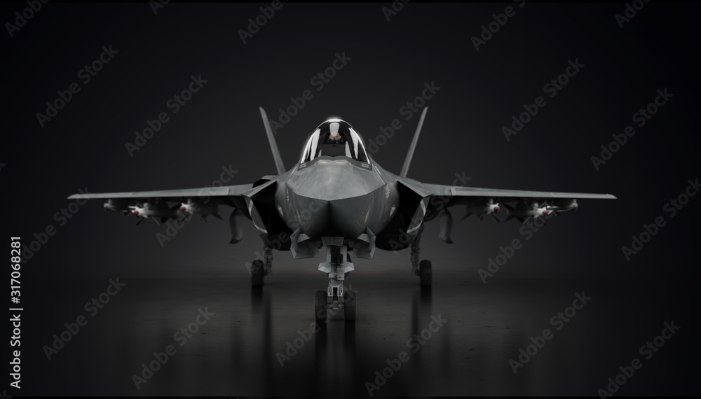 Aircraft fighter jet in undisclosed location in hangar facing front 3d ...