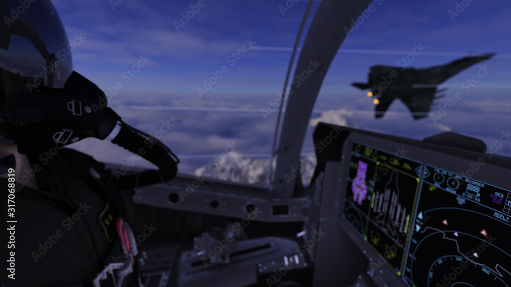 Jet fighter pilot viewing enemy aircraft on left wing in cockpit view ...