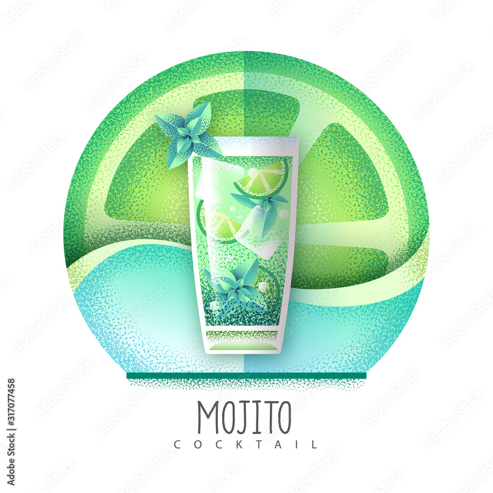 Vector illustration of mojito cocktail icon. Grainy texture design ...