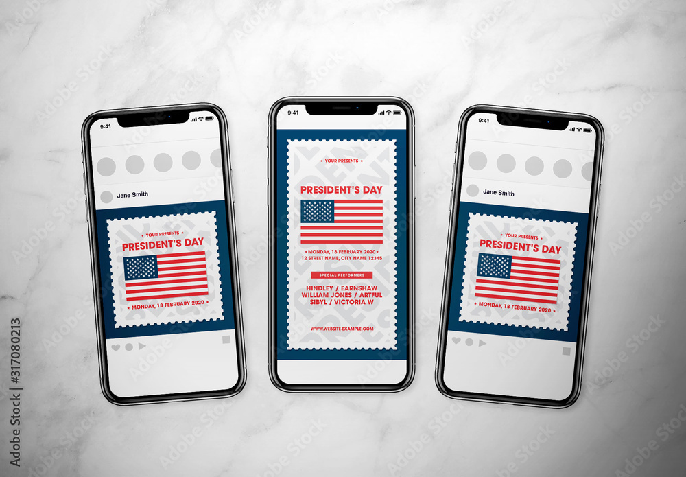President's Day Social Media Post Layout Set with Flag Illustration ...