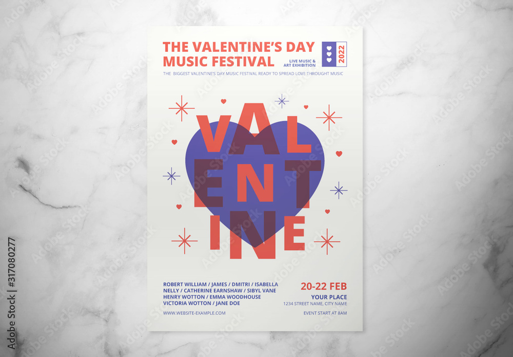 Valentine's Day Music Event Flyer Layout with Retro Style Illustrations ...