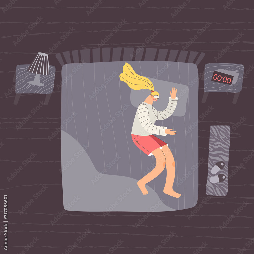 Cute vector character sleeping at night in the bedroom. Woman lying in ...