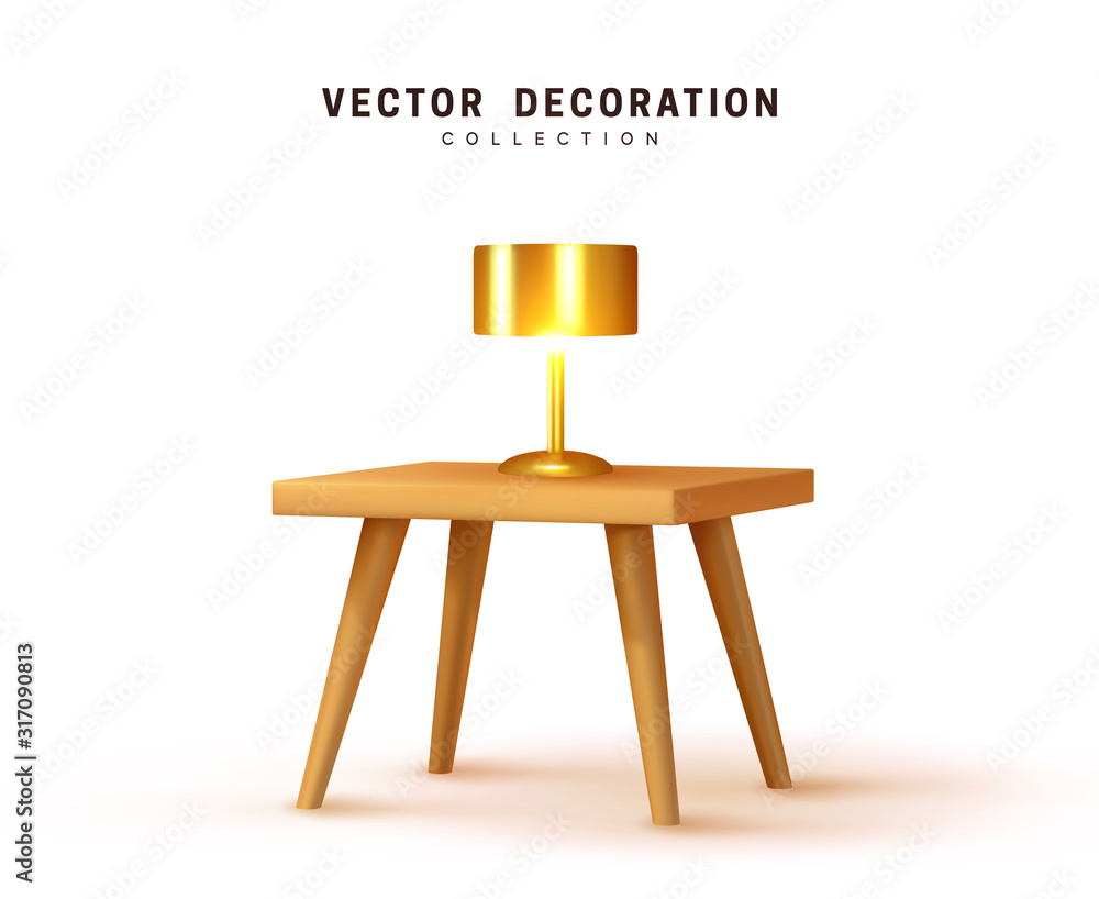 Wood desk. Golden table lamp illuminates wooden table. Realistic 3d ...