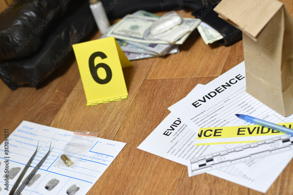 Evidence Chain of Custody Labels and brown paper bag with fingerprints ...