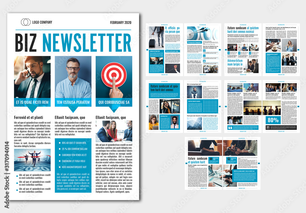 Business Newsletter Layout with Blue Accents Stock Template | Adobe Stock