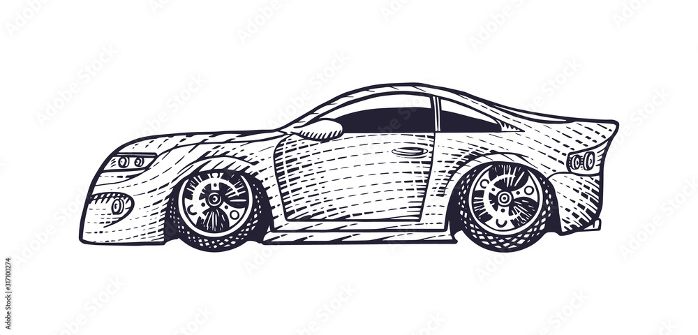 Car icon. Hand drawn engraved sketch for logo or label or banner ...