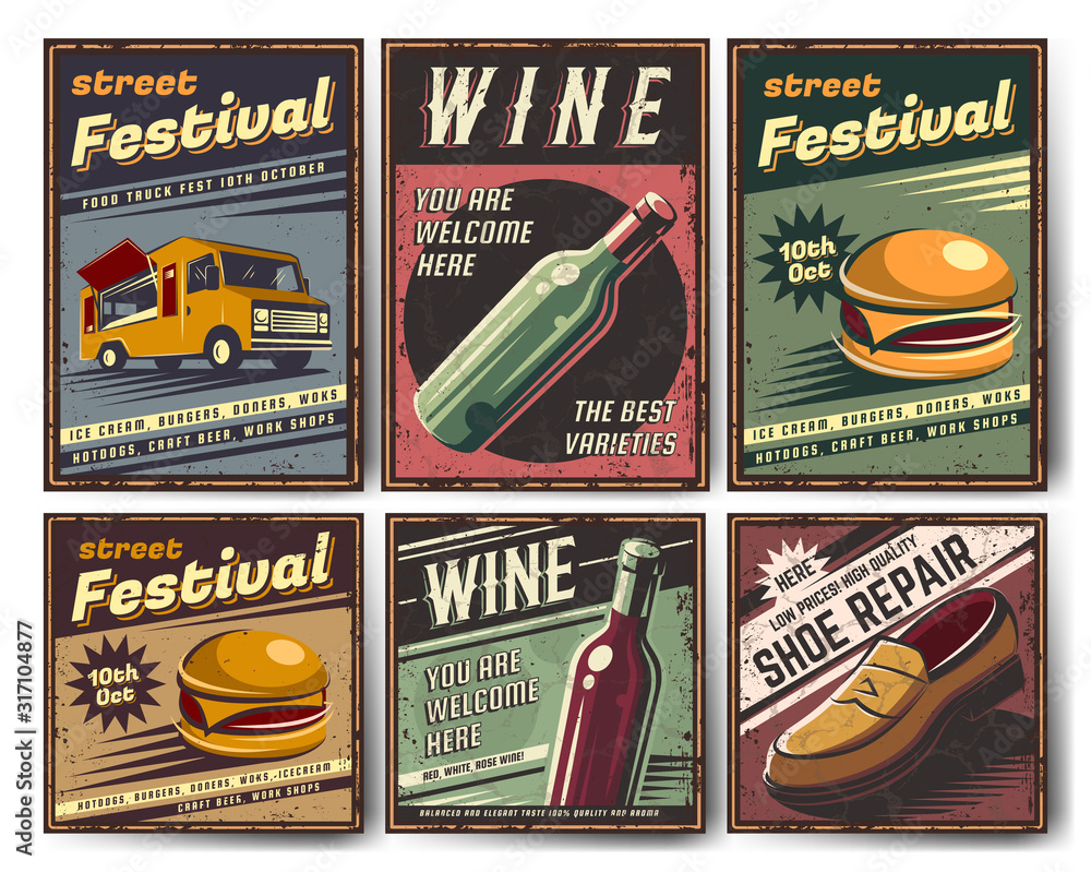 Set of retro posters in vintage style. With the image of different ...