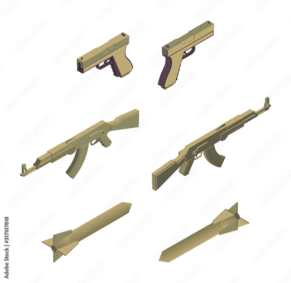 Military weapons isometric vector illustrations set. Modern army ...