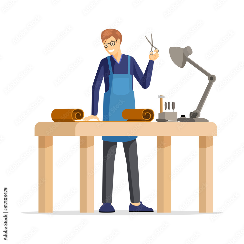 Professional tanner, skinner flat vector illustration. Young craftsman ...