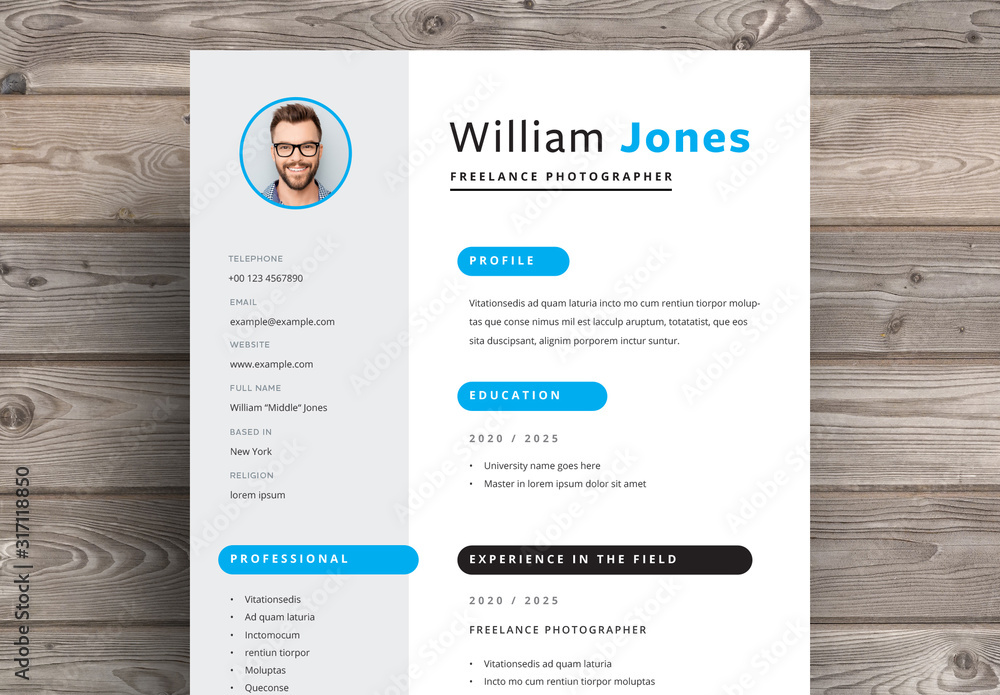 Resume Layout with Blue and Black Highlight Elements Stock Template ...