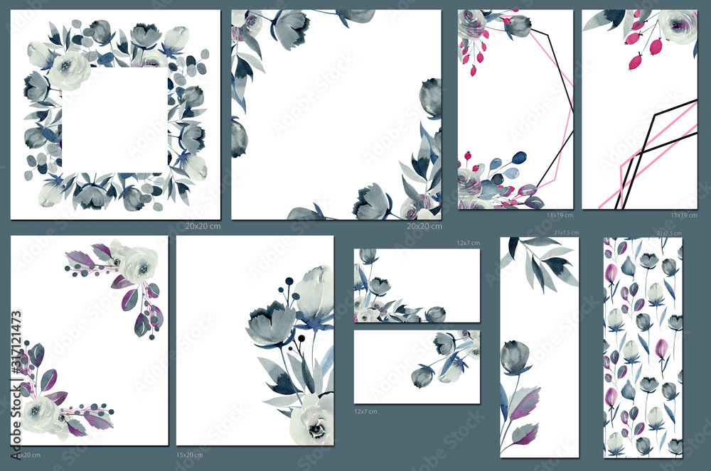 Card templates set with watercolor indigo dark flowers; artistic design ...