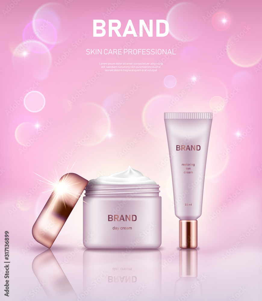 Realistic cream jar and tube with golden lids on pastel pink background ...