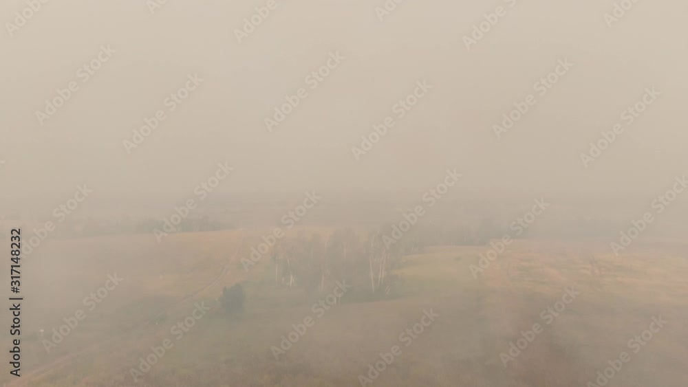 Forest fire smoke spreading. Smog above fields and forests. Intense air ...