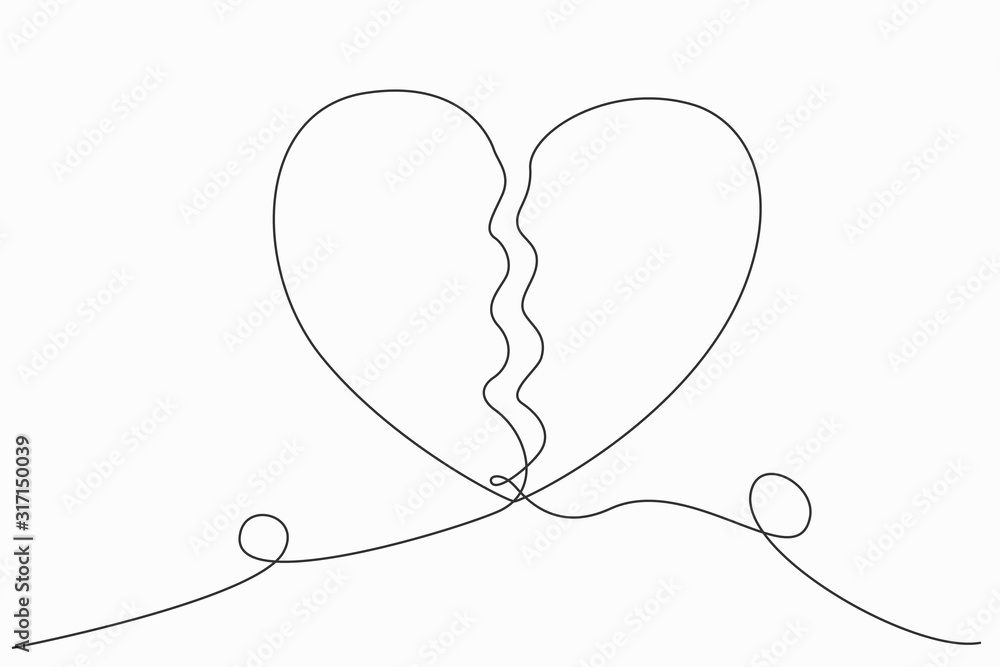 Continuous line or one line art of Broken heart. Sadness. Feeling sorry ...