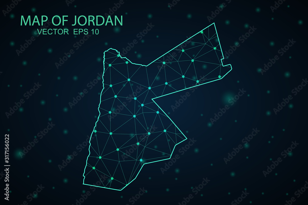 Map of Jordan. Wire frame 3D mesh polygonal network line, design sphere, dot and structure ...