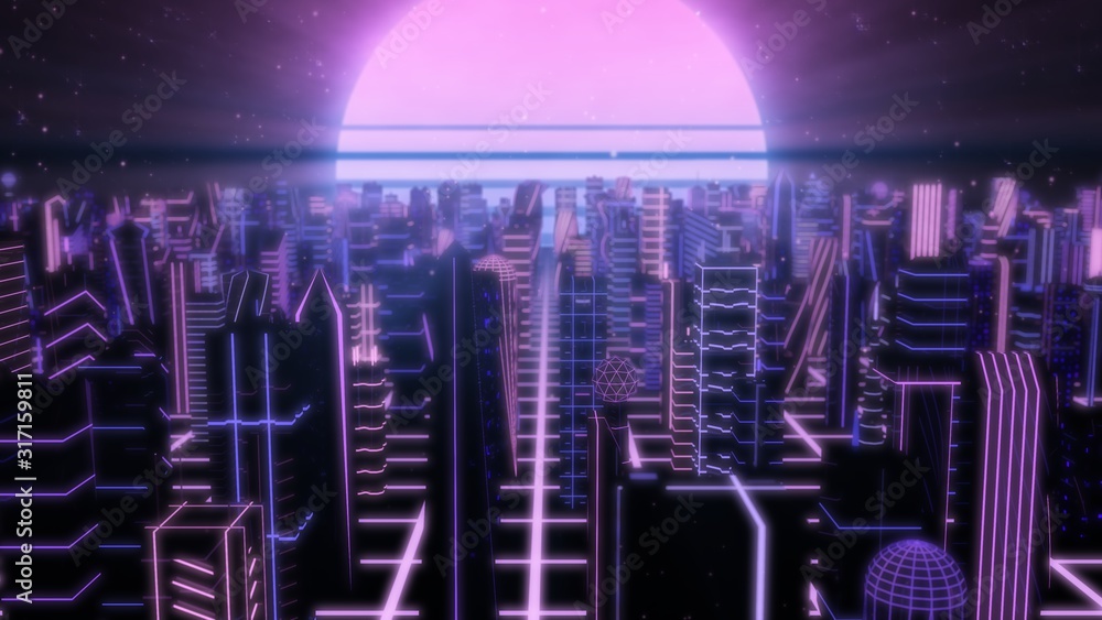 Fly Over Neon City Outrun Synthwave Buildings with 80s Retro Sun ...