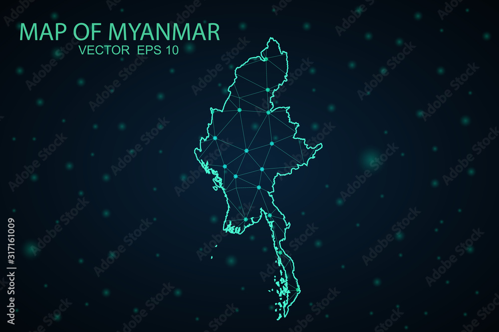 Map of Myanmar. Wire frame 3D mesh polygonal network line, design ...