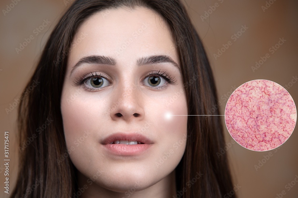 Close up face of woman with brown eyes and brown hair, microscopic ...
