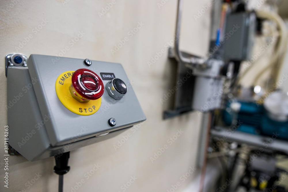 Big Red emergency button or stop button for manual pressing. STOP ...