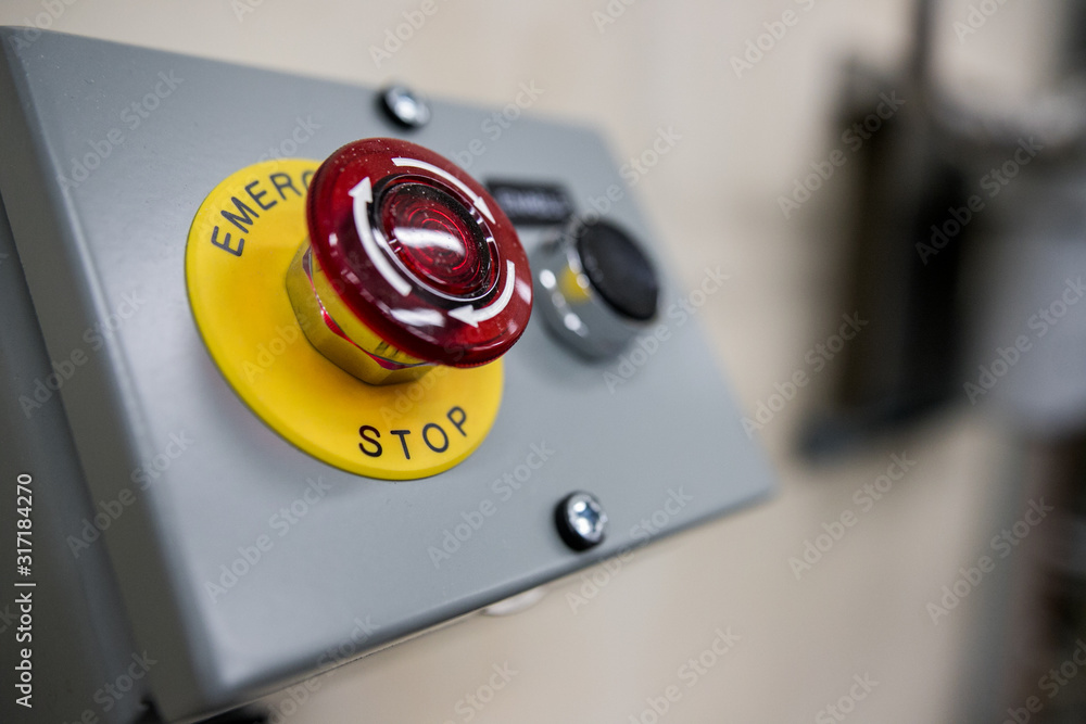 Big Red emergency button or stop button for manual pressing. STOP ...