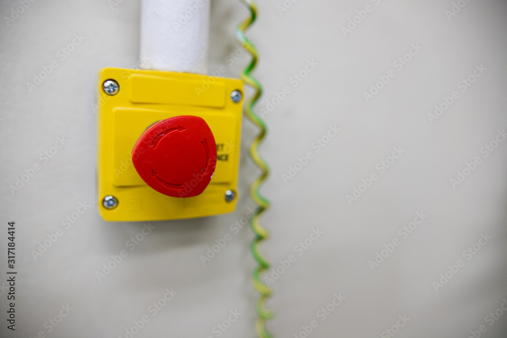 Big Red emergency button or stop button for manual pressing. STOP ...