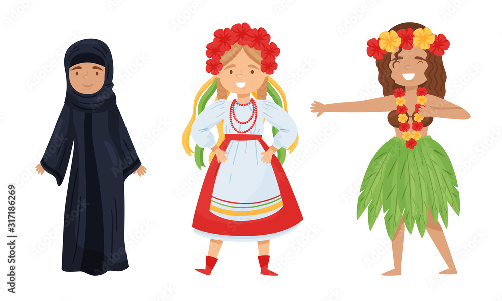 Females Wearing Traditional Costumes Standing and Smiling Vector Set ...