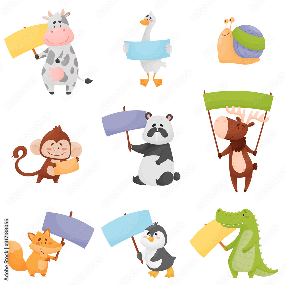 Cute Cartoon Animals Holding Colorful Blank Banners Vector ...