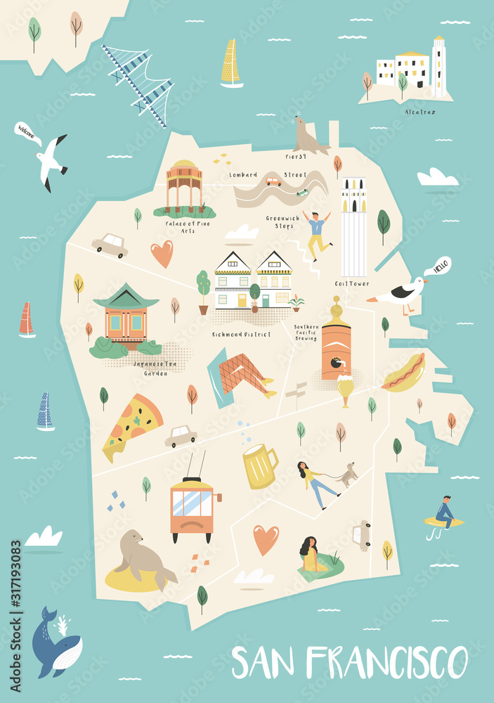 San Francisco illustrated city map with landmarks Stock Vector | Adobe ...