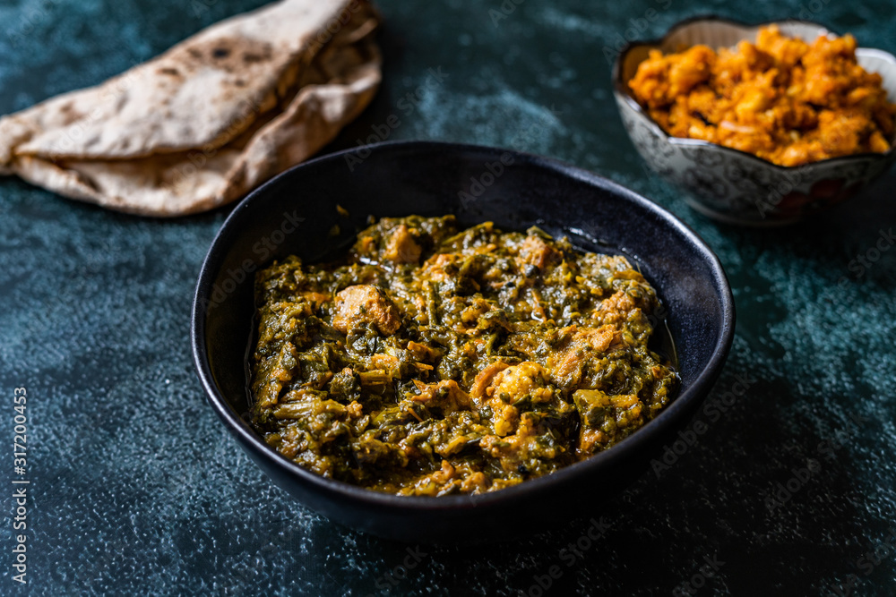 Indian Dish Spinach Lamb Palak with Gajar ka Halwa / Helva is a carrot ...