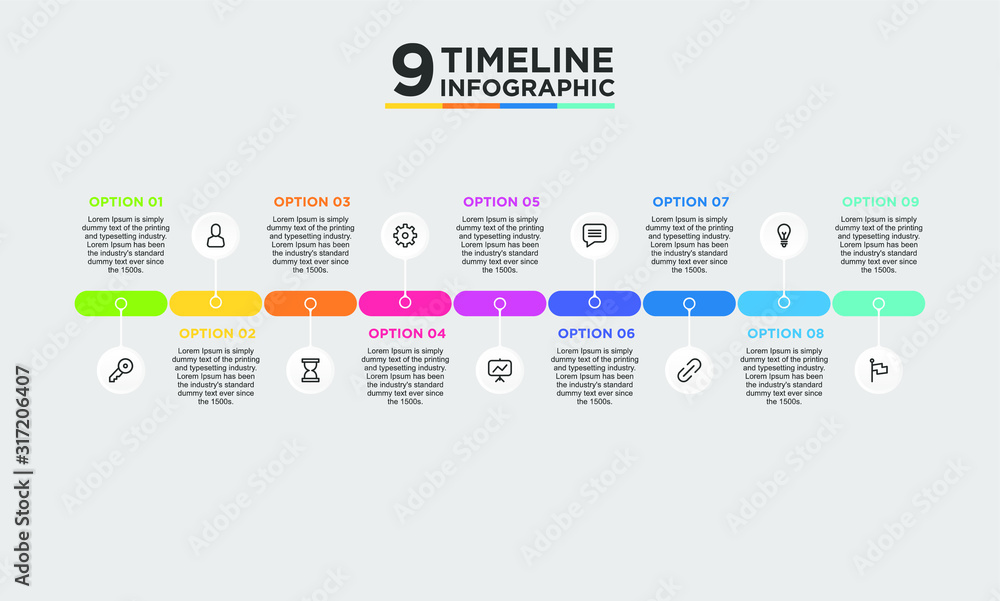 9 step timeline infographic element. Business concept with nine options ...