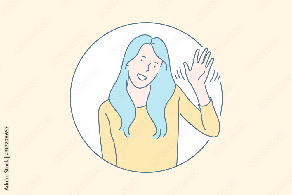 Friendly nonverbal greeting gesture concept. Cheerful, smiling, cute ...