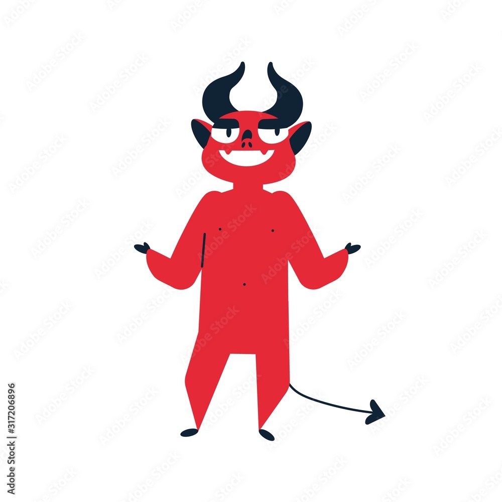 Gladness sly cartoon red devil smiling vector flat illustration. Happy ...