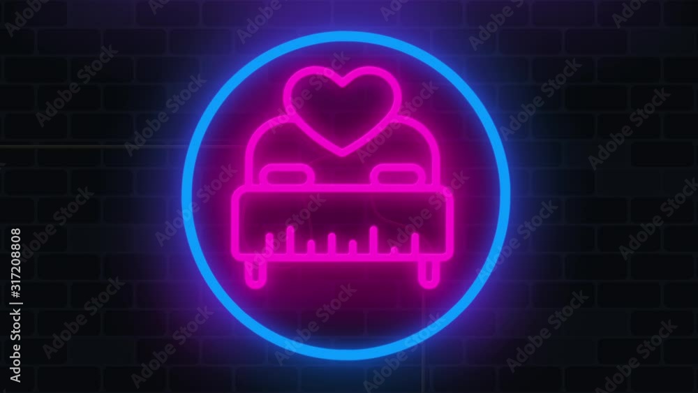 Bed neon sign.Logo ,banner and label blinking on dark wall background ...