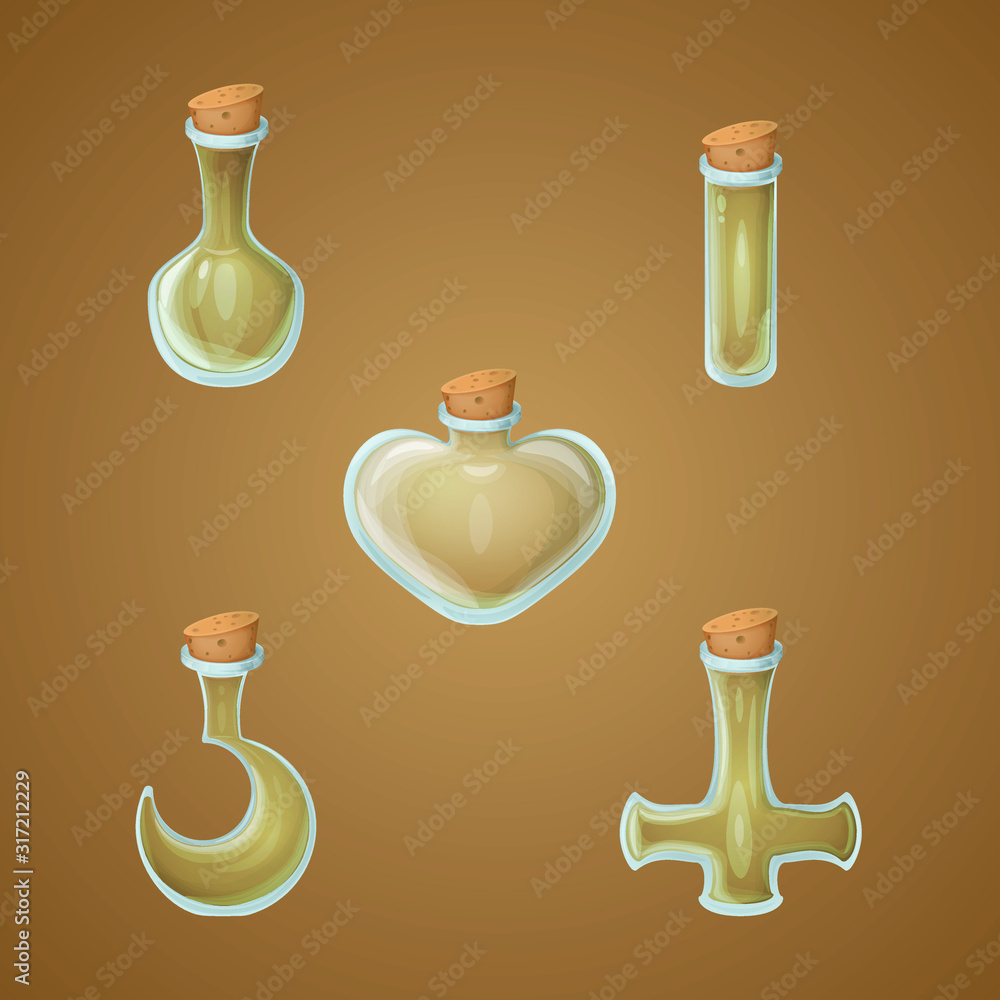 Magic potion empty bottles game asset vector set, cute fantasy design ...