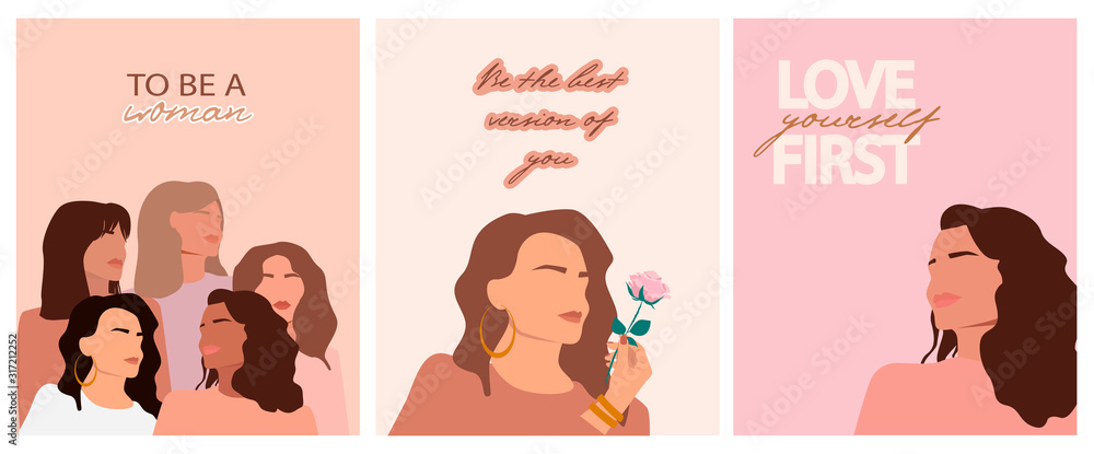 Set of Illustrations of abstract beautiful women portrait with ...