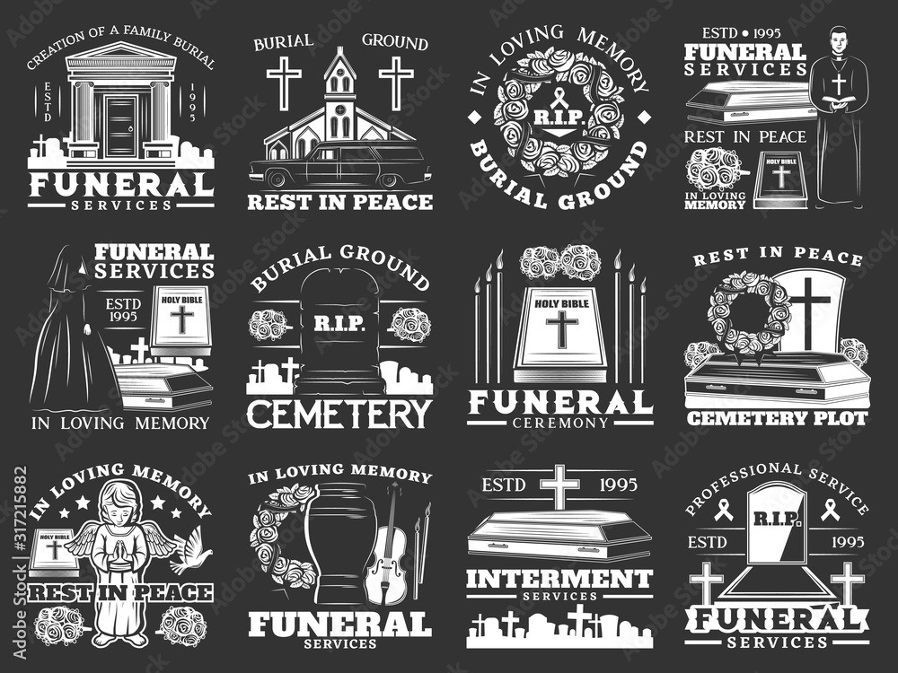 Funeral, burial and interment service, isolated monochrome icons ...
